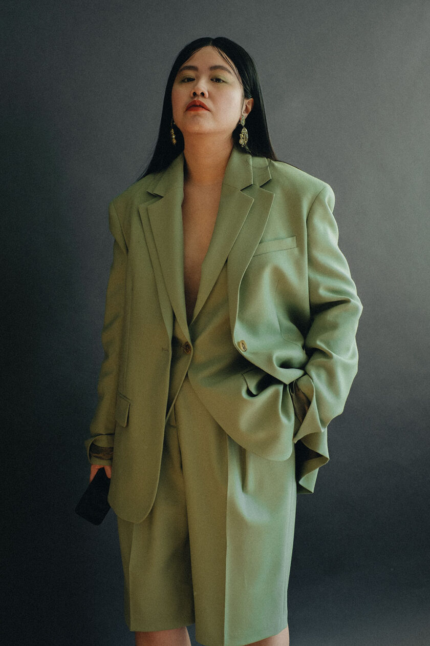 Spring Awakening in a Green Oversize Wool Hopsack Suit