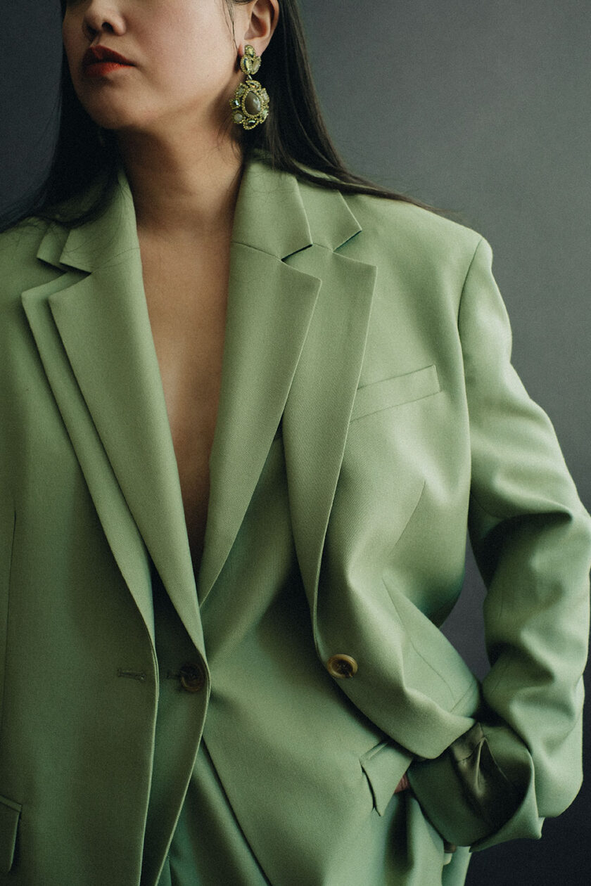 Spring Awakening in a Green Oversize Wool Hopsack Suit